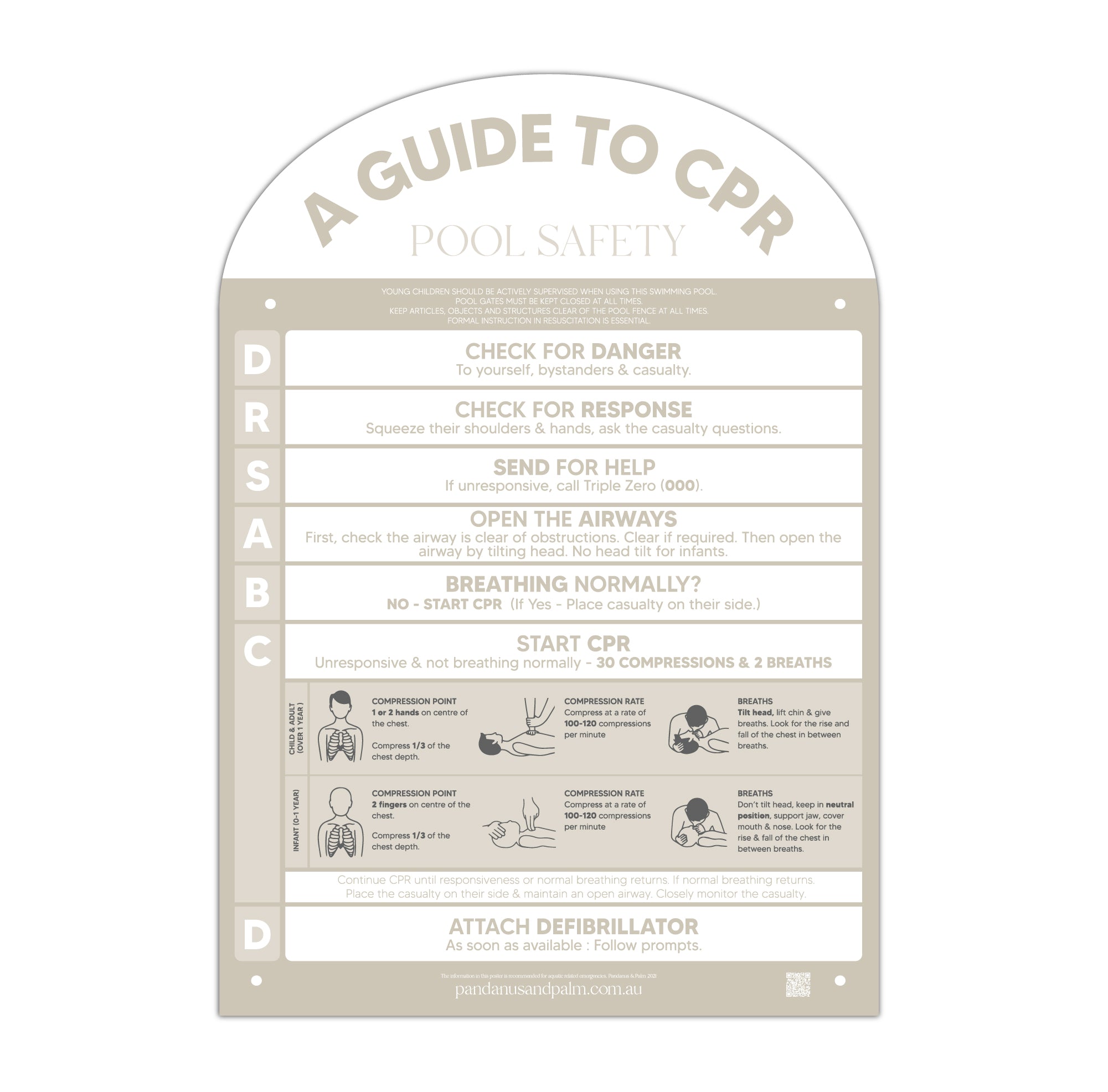 Designer Pool CPR Safety Sign | Arch | Beige | Pandanus and Palm